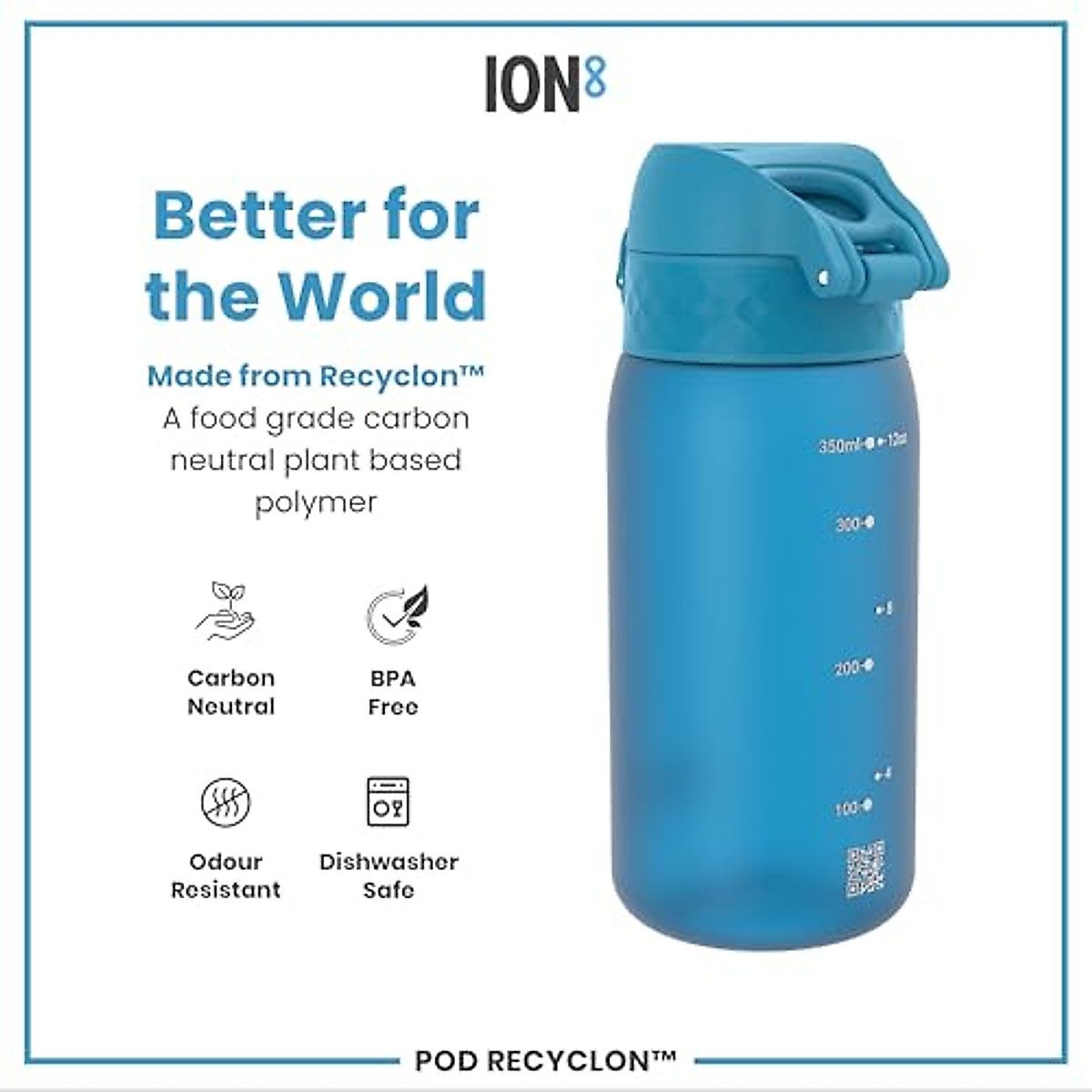 Ion8 Small Water Bottle, 350 ml/12 oz, Leak Proof, Easy to Open, Secure Lock, Dishwasher Safe, BPA Free, Carry Handle, Hygienic Flip Cover, Easy Clean, Odor Free, Carbon Neutral, Blue