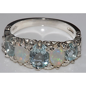 LetsBuyGold 925 Sterling Silver Real Genuine Aquamarine and Opal Womens Promise Ring - Size 9