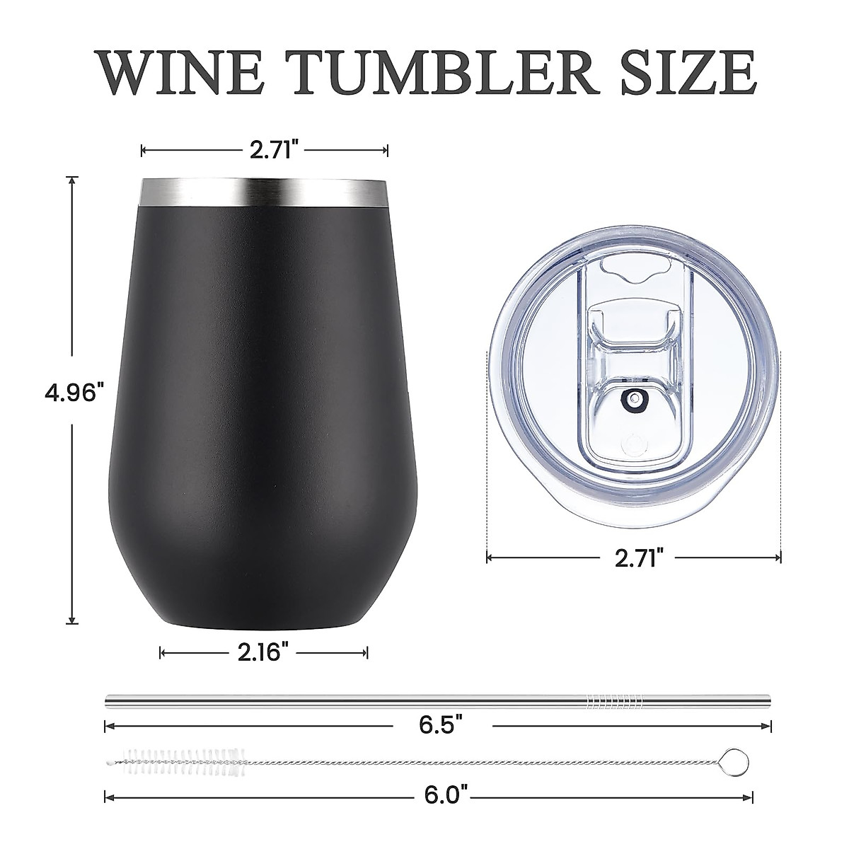 MEWAY 12oz Wine Tumbler Glasses with Lid and Straw - Stemless Double Wall Vacuum Stainless Steel Tumbler Keeping Cold & Hot for Wine,Drinks - Family and Gifts, Ideal for Travel and Office(Black,1)