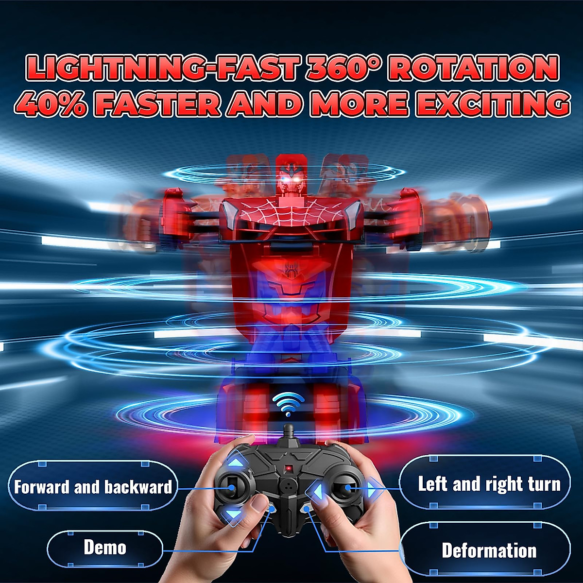 Spider Transform RC Cars Toys with Eye & Underbody Lights, 2.4GHz Remote Control Car One-Button Deformation, Fast 360°Rotation Robot Toys Birthday Gifts for 3 4 5 6 7 8 9 10 Year Old Boys Age 4-7 8-12
