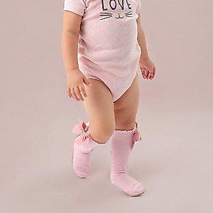 EPEIUS Baby Knee High Socks Newborn Girls Socks with Bow Uniform Tube Stockings Baby Long Socks for 0-3 Months,6 Pairs Pack,Black/White/Grey/Duty Pink/Wine/Green