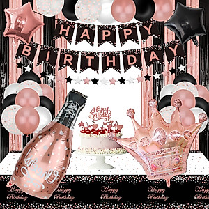 Rose Gold and Black Party Decorations - Happy Birthday Banner, Balloons, Fringe Curtains, Tablecloth and Cake Topper for 1st 16th 21st 30th 40th 50th Girls Rose Gold and Black Birthday Party Supplies