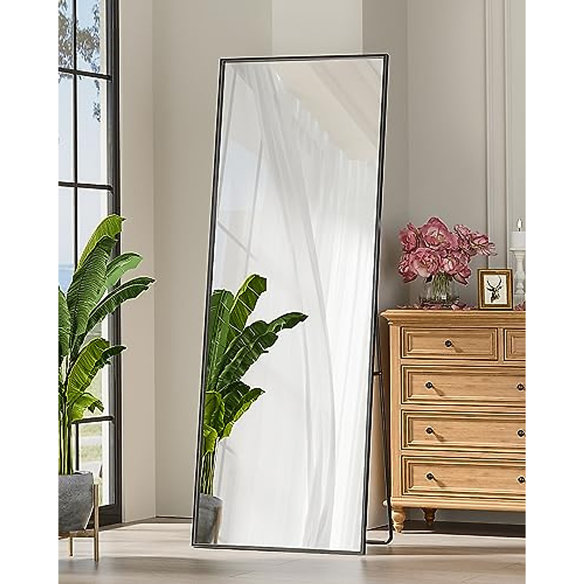 Antok Full Length Mirror, 66"x23" Floor Standing Full Body Mirror with Stand for Bedroom & Living Room, Black