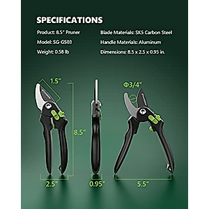 STAYGROW 8.5" Bypass Pruning Shears, All Steel Aluminum Alloy Construction Garden Shears, Ultra Sharp SK5 Carbon Steels Blades with Non-Stick Teflon Coating, Adjustable Opening Cuts Up to 3/4" (20mm）