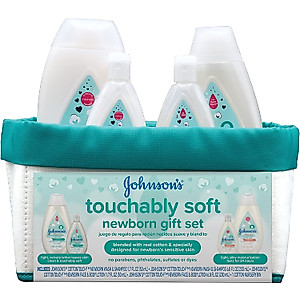 Johnson's Touchably Soft Newborn Baby Gift Set for New Parents, Baby Bath & Skincare Essentials for Newborn Skin, Hypoallergenic, Free of Paraben, Sulfates, and Dyes, 5 Items