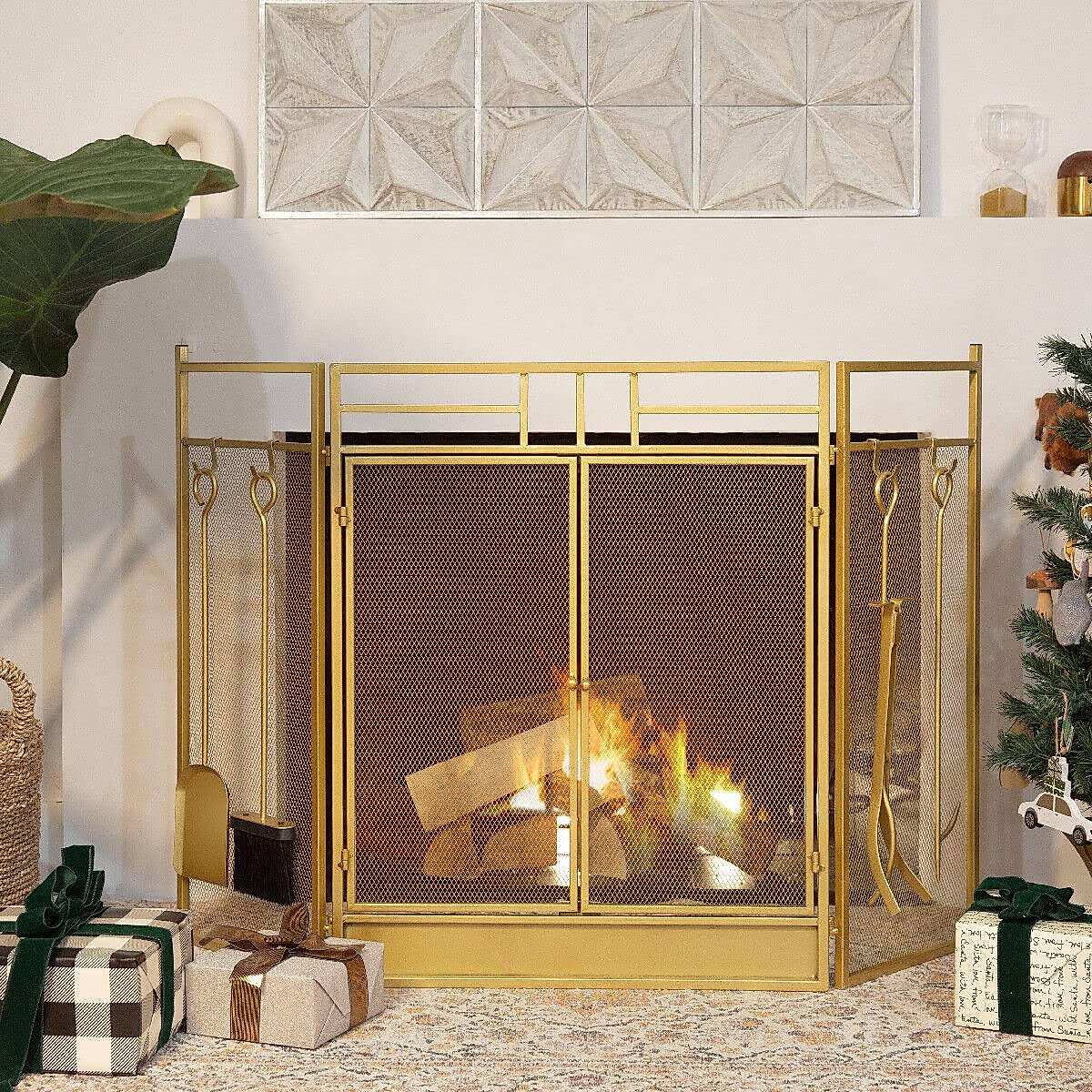 Barton 48" Fireplace Screen 3-Panel Folding Magnetic Doors with 4-Pieces Fire Place Tools Set Steel Fire Spark Guard, Gold