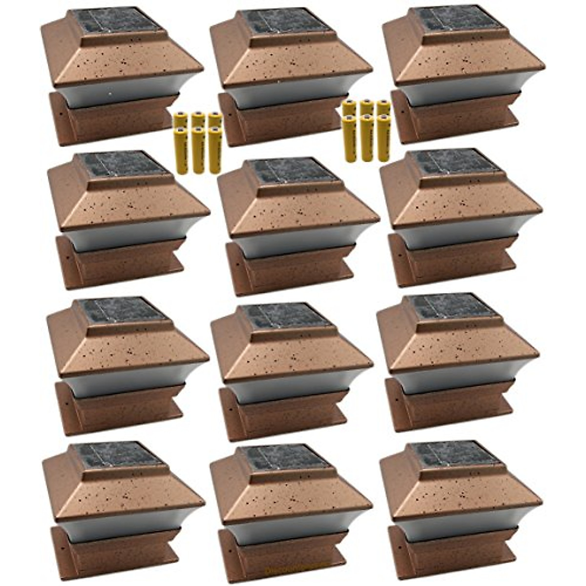 12 Pack Outdoor Garden Solar LED Copper Post Cap Fence Pathway Landscape Deck Square Light Lights + Free Bonus 12-Pack AA 600 mAH Replacement Rechargeable Batteries Bundle Deal