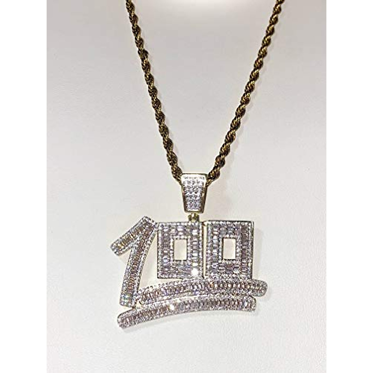 100 PERCENT EMOJI Money Custom Pendant Iced Out Diamond cz Necklace Men Women 925 Italy Gold Finish Iced Silver Charm Ice Out Pendant Stainless Steel Real 3 mm Rope Chain, Rope Necklace (20)