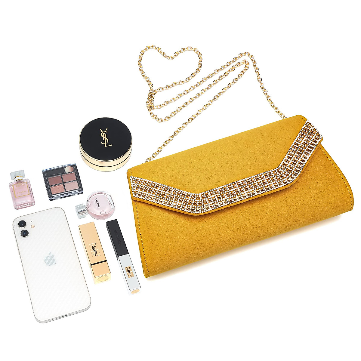 MYLONI Women Faux Suede Evening Bags Rhinestone Envelope Clutch Purse Cocktail Prom Handbag Wedding Purses Party Bag (Mustard Yellow)