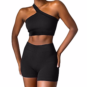 OLCHEE Womens One Shoulder Workout Sets 2 Piece - Seamless Ribbed Gym Outfits Crop Top and Mini Shorts Matching Yoga Athletic Clothing Set - Black Large