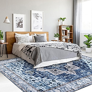 MilleLoom 10x13 Area Rugs, Stain Resistant Washable Rugs with Non-Slip Backing, Large Rugs for Living Room, Bedroom - Soft & Low Pile Vintage Area Rug,Blue