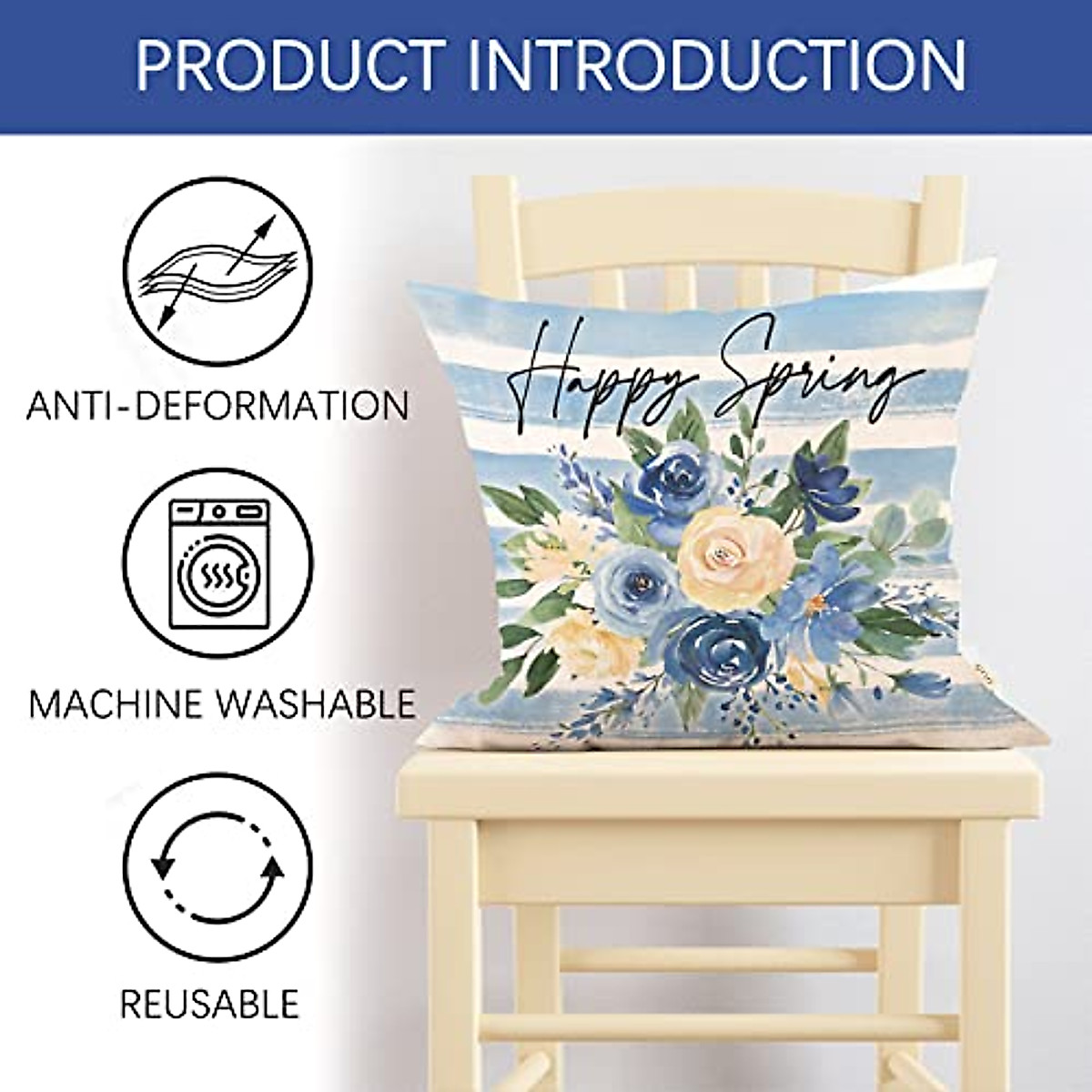 Fjfz Happy Spring Blue Flower Gnome Decorative Throw Pillow Cover 18 x 18 Set of 4, Floral Rose Buffalo Plaid Porch Patio Outdoor Home Decor, Bloom Stripes Bike Seasonal Farmhouse Couch Cushion Case