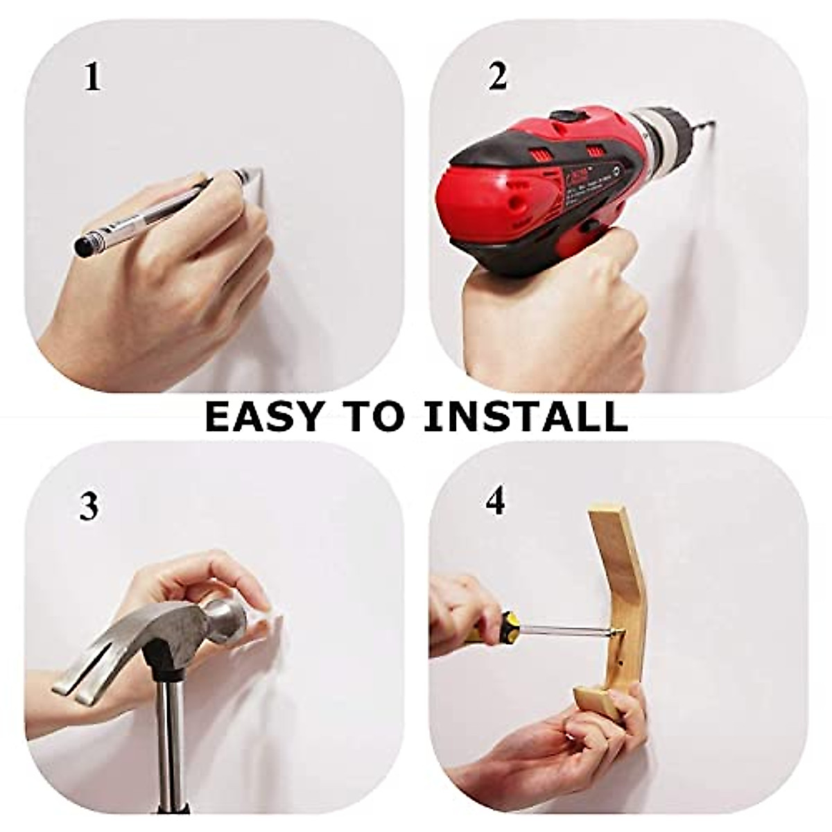 Fujinzhu Wood Hooks Wall Mounted,Decorative Natural Wood Coat Hanger,Coat Hooks, Rubber Wood Hooks (Pack 4) Wall Hangers Hooks for Hanging Coats, Hats Hooks, Bags Hooks, Towels Hooks