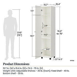 SystemBuild Evolution Kendall Fluted 16" Wide 1 Door Storage Cabinet, White