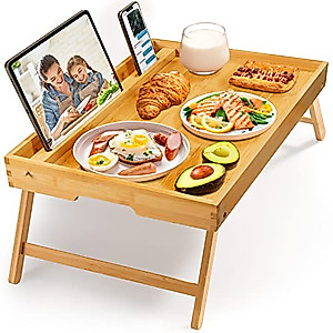 Bamboo Bed Tray Table, Large Breakfast Tray - 21.7x14 Inch with Folding Legs, Multipurpose Serving Tray Use As Portable Laptop Tray, Snack Tray, Platter Tray for Working, Eating, Reading by Pipishell