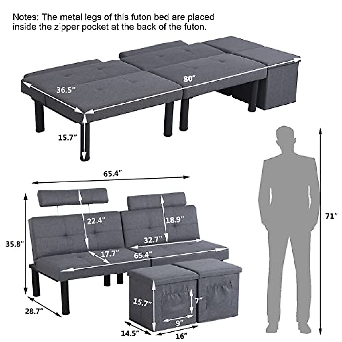 VUYUYU Convertible Futon Sofa Bed with Two Storage Ottoman/Coffee Table, Folding Loveseat Sleeper, Small Futon Couch for Compact Living Space, Apartment, Dorm, Bedroom, 3 Angles/Metal Legs
