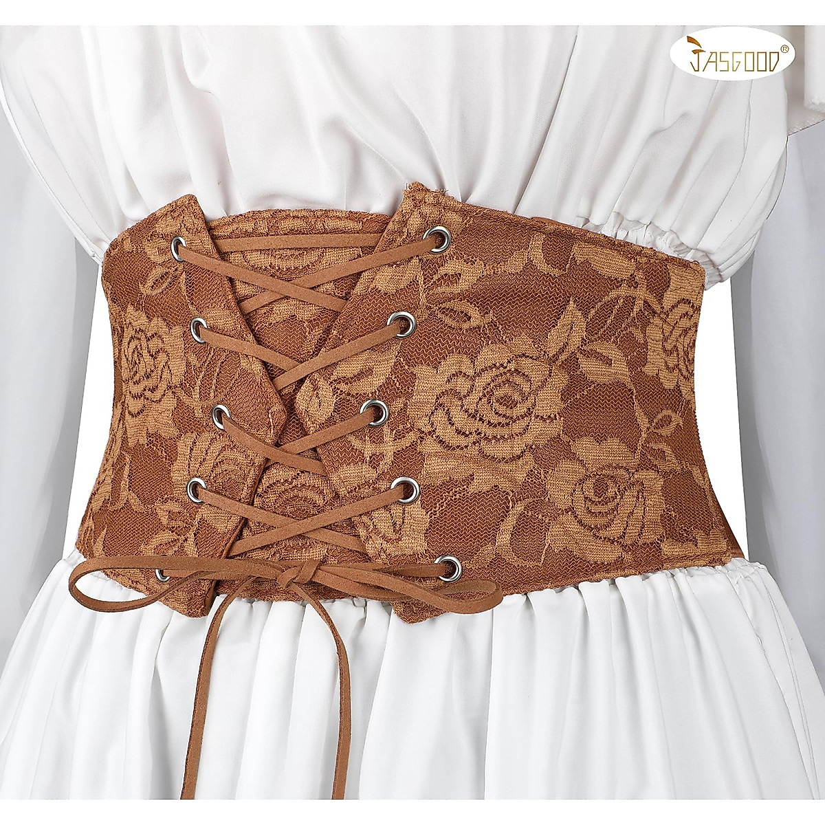 JASGOOD 2 Pack Women Elastic Wide Waist Belt Lace-up Tied Waspie Corset Belt for Dress