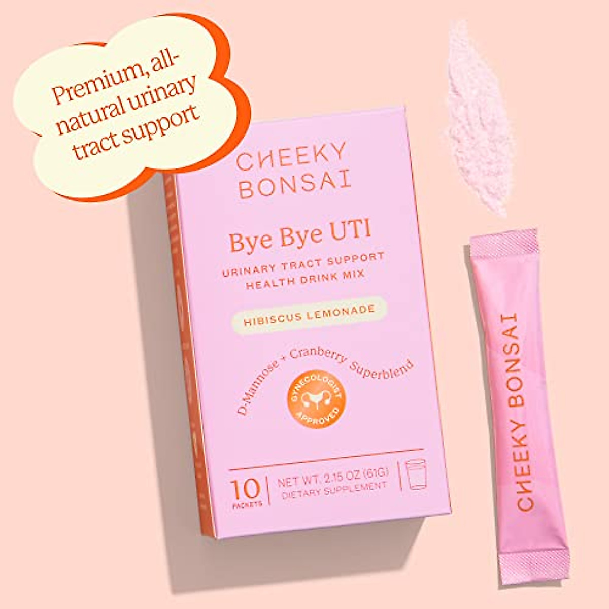 Cheeky Bonsai Bye Bye UTI: Fast Acting UTI Relief Drink Mix with D-Mannose and Cranberry Extract, Urinary Tract Support Health, Hibiscus Lemonade Flavor (10 Packets) - Vegan, Non-GMO, Quick Relief