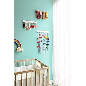 Mkono Hair Bows Holder Organizer for Girls, Headband Bow Rack with Golden Metal Bar and 10 Hooks, Set of 3 Wood Hair Clips Bow Storage Organizer for Girls Hair Accessories Organize