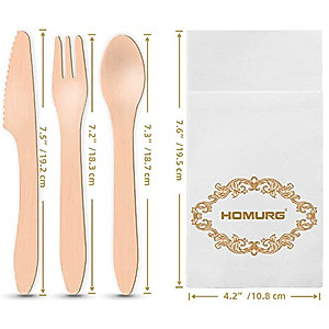 HOMURG Luxury Folded Paper Napkins with Wooden Silverware Bulk for 100 Guests, White Pocket Napkin Serviette and Wood Cutlery, Wedding Birthday Christmas Party Guest Towels & Flatware Set 300 Utensils