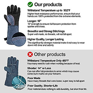 HZXVOGEN 16 Inches 932℉ Heat Fire Resistant Welding Gloves BBQ Grill Gloves for Arc Tig Mig Wood Stove Barking Oven Fireplace Welder Gloves – Free Size for Men Women