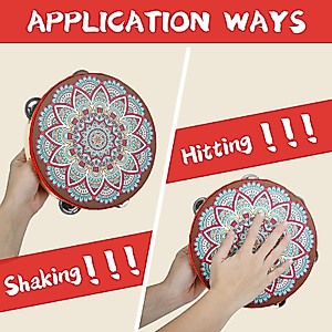 Tambourine Hand Held Drum 8 inch Tamborine Tambourine Musical Instrument for Kids Adults Metal Jingles Percussion Gift Apply to Family KTV Party，Giving Castanet *1