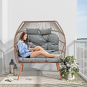 YITAHOME Double Egg Chair with Legs 2 Person Wicker Egg Chair Indoor Outdoor Patio Egg Chair with Cushions 510lbs for Patio, Bedroom, Garden and Balcony, Gray