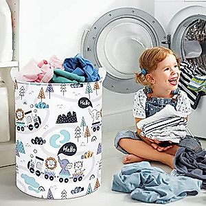 Clastyle 45L Urban Traveling Animals Elephant Nursery Laundry Basket Lion Tiger Train Round Toy Clothes Storage Basket for Kindergarten, 14.2x17.7 in