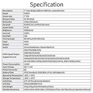 FEELWORLD FW279 7 Inch 2200nit Ultra Bright DSLR Camera Field Monitor High Brightness Sunlight Viewable Full HD 1920x1200 4K HDMI Input Output