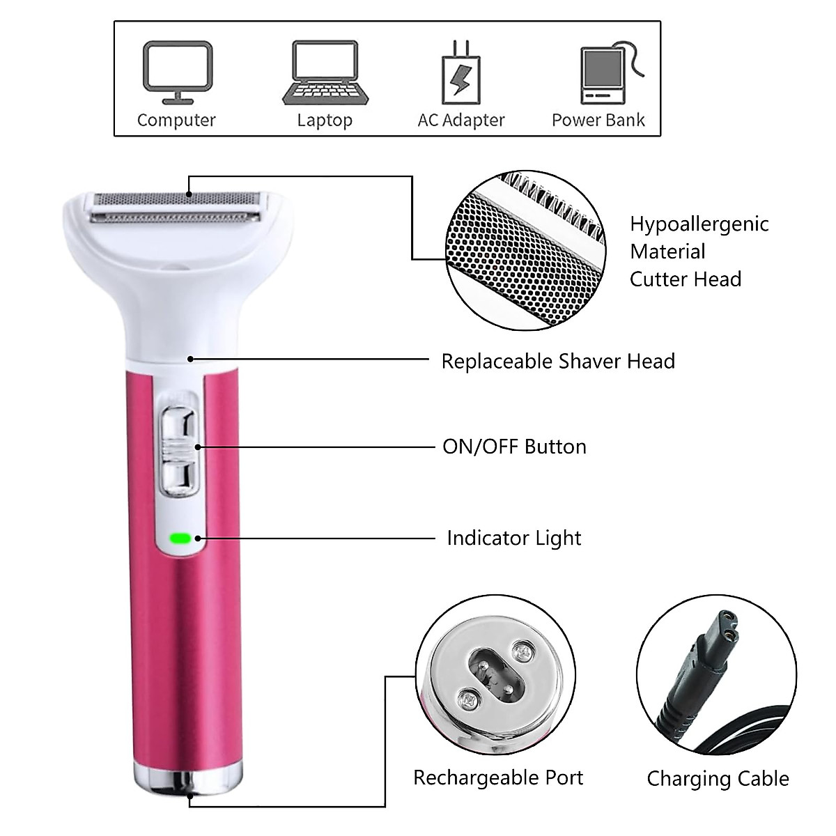 Electric Lady Shaver,Women Razors for Shaving 5-in-1 Set Painless Hair Shaver for Women Face, Eyebrow, Legs and Underarm, Portable Bikini Trimmer Wet & Dry Hair Removal, Micro USB Rechargeable