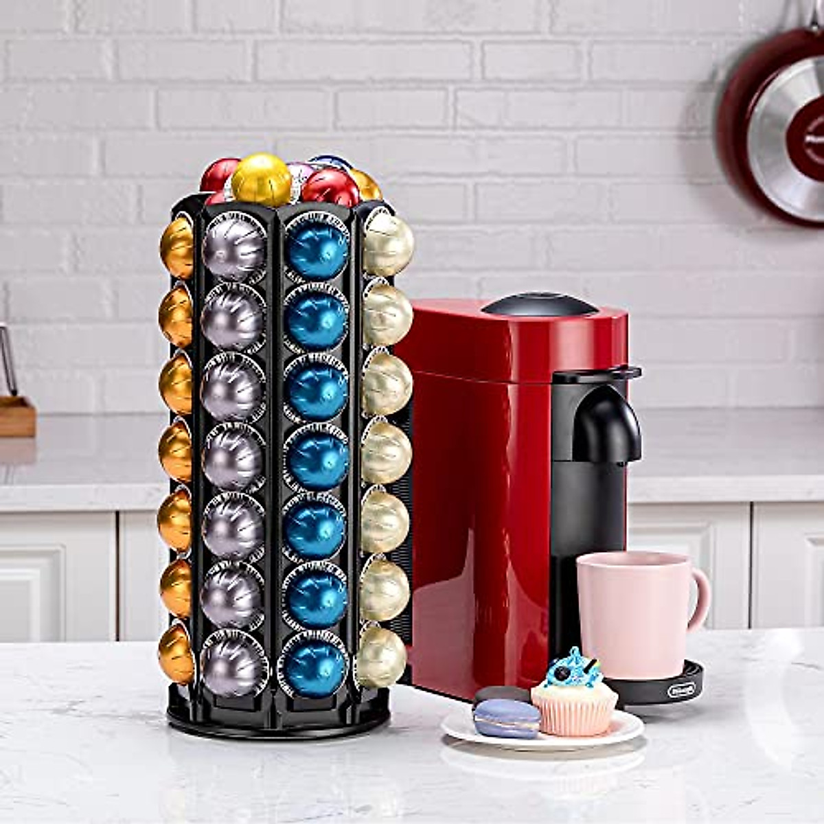 Coffee Vertuo Pod Holder Carousel Stand for Nespresso Vertuo Capsule Storage Organizer with Extra Space for Coffee Mate Silent Rolling (Vertuo 80+ Pod Storage)