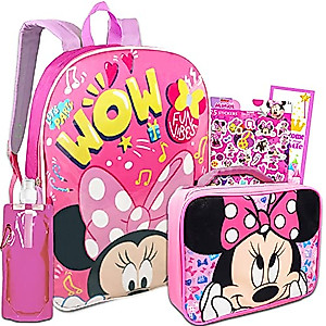 Disney Minnie Mouse Backpack with Lunch Box Set - Bundle with 15" Minnie Backpack, Minnie Mouse Lunch Bag, Stickers, Water Bottle, More | Minnie Mouse Backpack for School