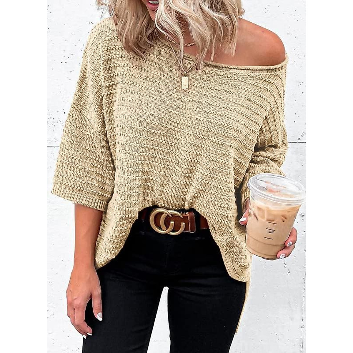 Dokotoo Womens Fashion Casual Spring Summer Shirts and Blouses for Women 2024 Pullover Sweater Off Shoulder T-Shirts 3/4 Sleeve Tunic Tops Loose Shirts Apricot Large