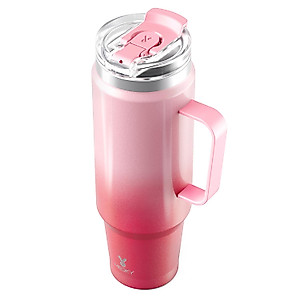 Meoky 40oz Tumbler with Handle, Stainless Steel Travel Mug with 2-in-1 Straw and Sip Lid, Vacuum Insulated Coffee Mug, 100% Leak Proof, Keeps Cold for 34 Hours or Hot for 10 Hours (Flamingo)