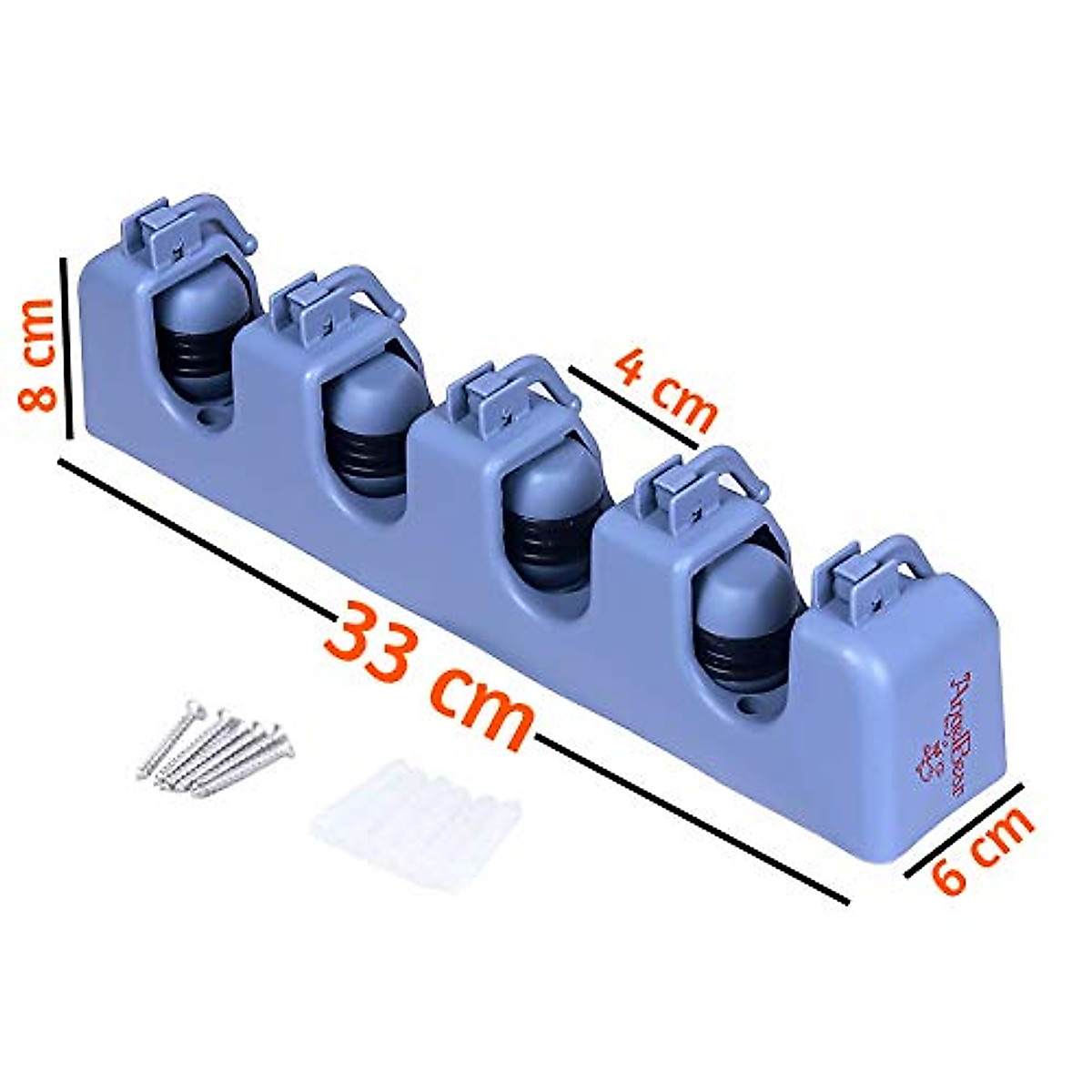 Angel Bear Mop Holder and Broom Holder, 4 Slot Position with 5 Hooks Garage Storage Holder Wall Mounted, Plastic, Multicolour, Standard