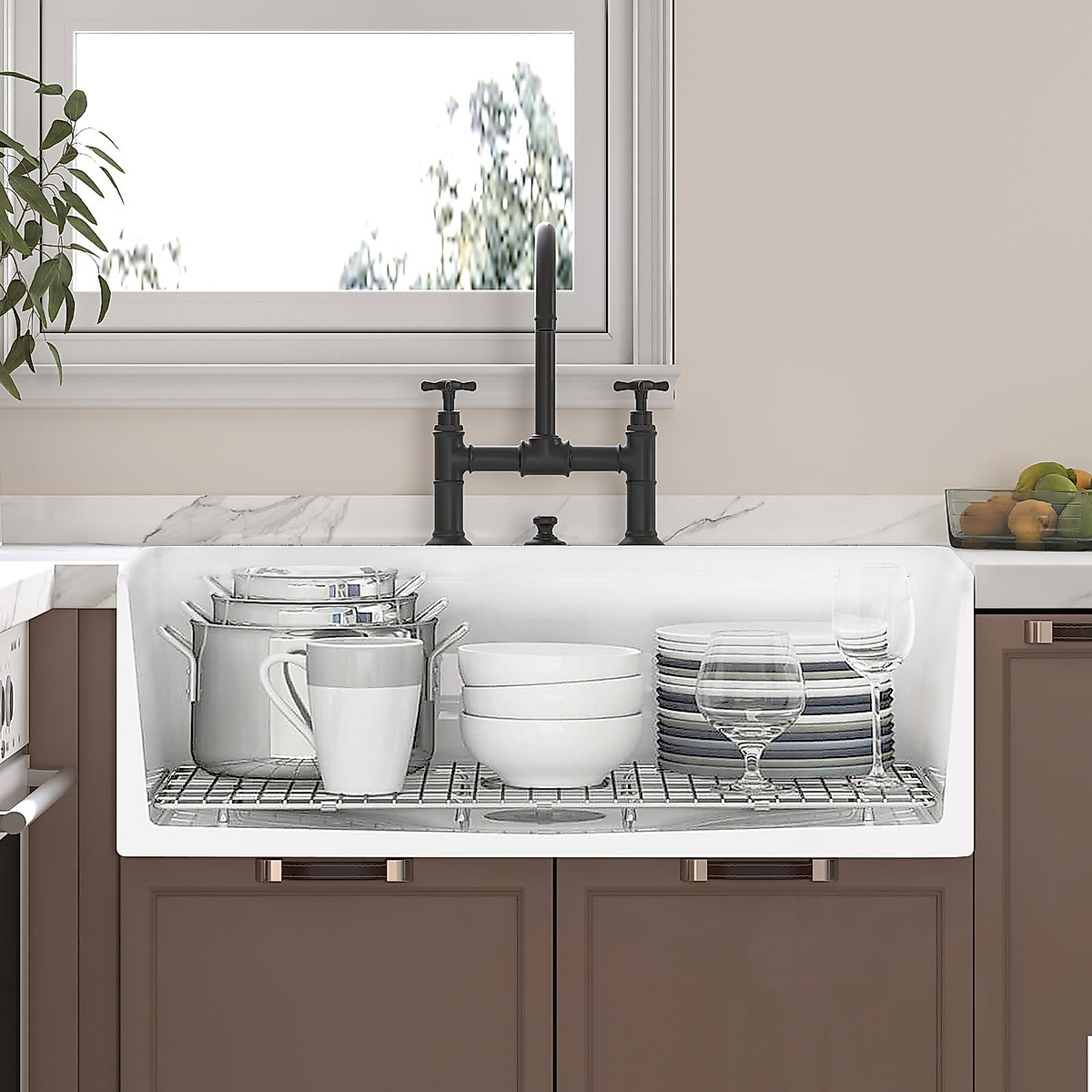 HOROW HRSW Farmhouse Kitchen Sink, 30 x 20 Single Bowl Sink with Bottom Grid & Strainer,Large Apron-front Ceramic Porcelain Sink Basin, 20"D x 30"W x 10"H, White