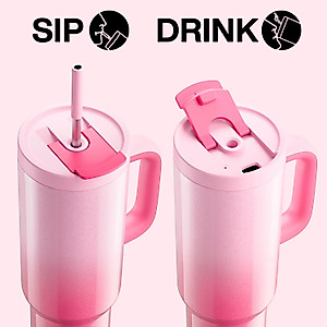 ENCOOL 40 oz Tumbler with Handle and Straw, 100% Leakproof Insulated Tumbler with Lid and Straw, Stainless Steel Travel Mug, Keeps Cold for 34 Hours, Car Cup Holder Friendly (Flamingo)