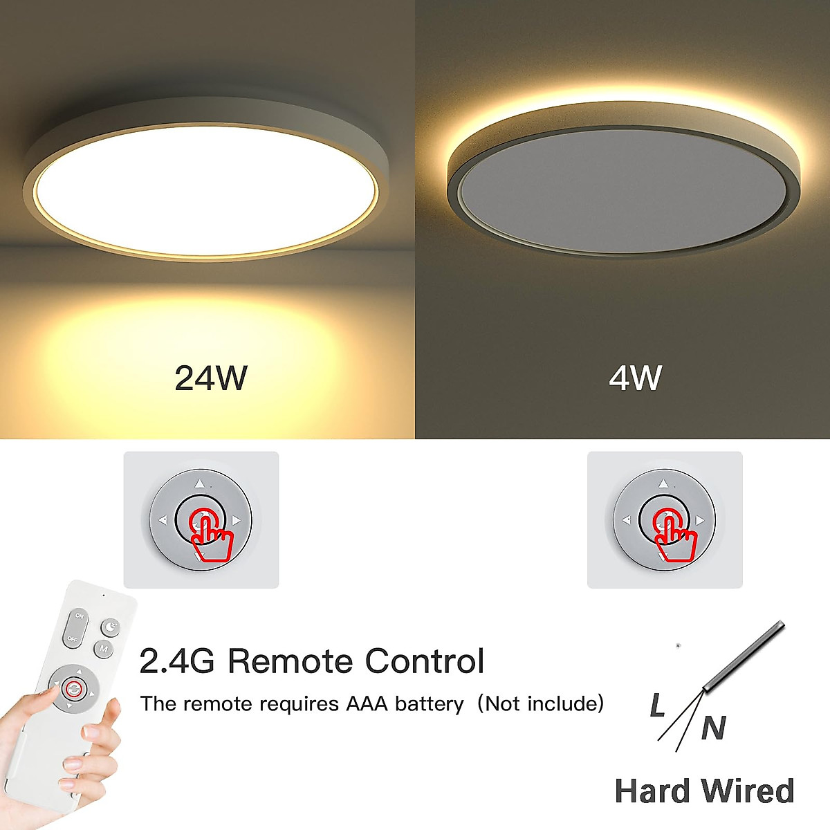 Roomratv Flush Mount Ceiling Light Fixture with Remote Control, Nightlight Warm 3000K, Hardwired 12inch 28W Round, 3000K-6500K Light Color Changeable, Brightness(10% to 100%) Adjustable