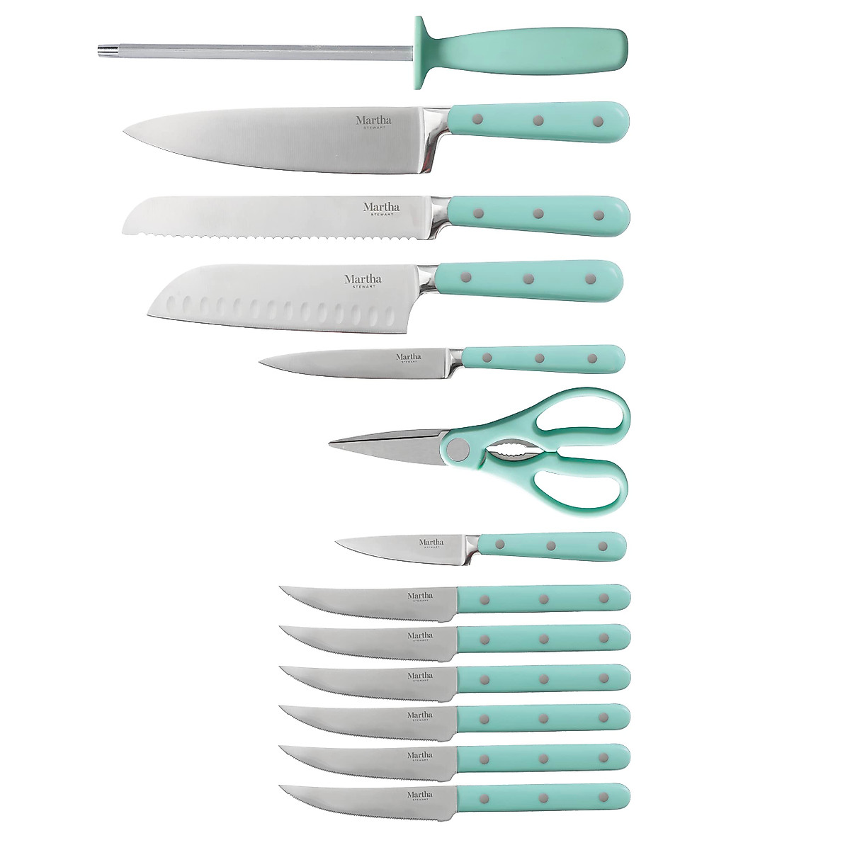 Martha Stewart 14 Piece High Carbon Stainless Steel Cutlery Knife Block Set w/ABS Triple Riveted Forged Handle Ashwood Block - Martha Blue
