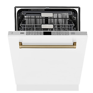 ZLINE Autograph Edition 24" 3rd Rack Top Touch Control Tall Tub Dishwasher in White Matte with Champagne Bronze Handle, 51dBa (DWMTZ-WM-24-CB)