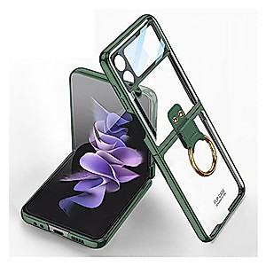 DOOTOO for Samsung Galaxy Z Flip 4 Case with Ring Luxury Transparent Plating PC Crystal Cover Anti-Scratch Glass Camera Lens Protector All-Inclusive Case for Galaxy Z Flip 4 5G 2022 (Green with Ring)