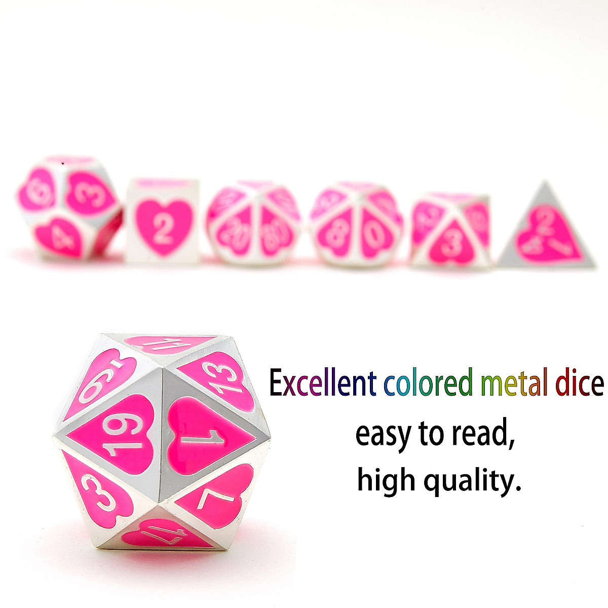 DND Metal dice Set, Heart-Shaped Pink Polyhedron 7-Piece Set, Suitable for Dungeon and Dragon RPG MTG or Board Game D &D Pathfinder, etc.