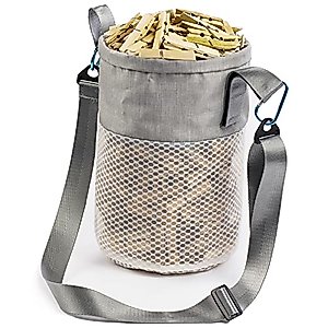 KOOZTI Mesh Clothespin Bag for Clothesline Outdoor, Clothes Pin Bag with Shoulder Straps, Drawstring Closure, Ventilated and Moisture Resistant, Large Capacity Laundry Clothespin Storage Bag with Hook