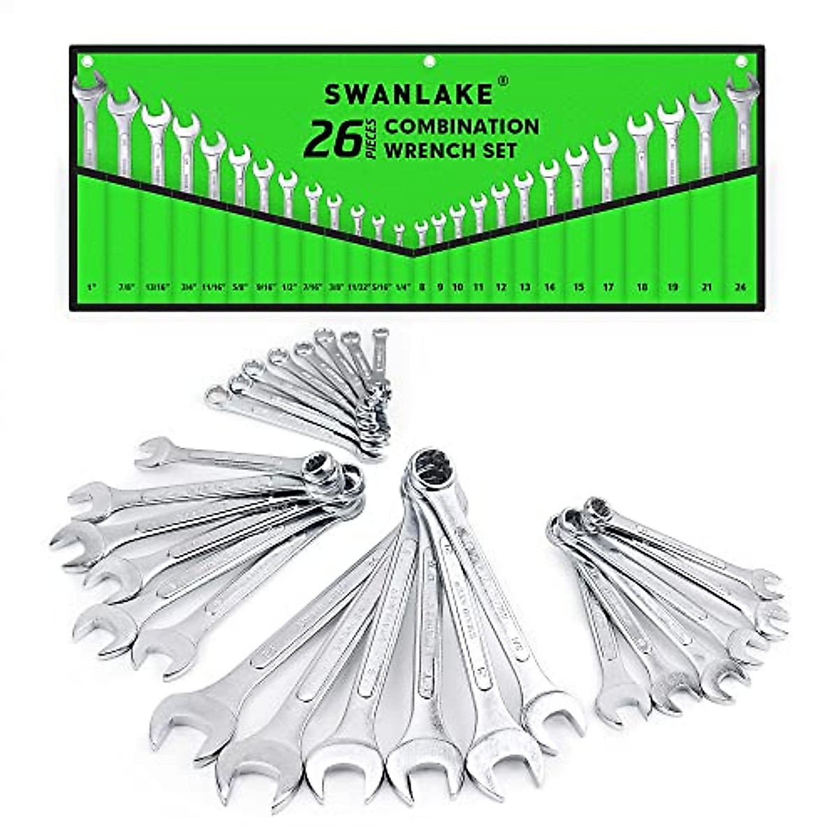 SWANLAKE 26PCS Combination Wrench Set with Roll-up Pouch, wrench set metric and standard, SAE 1/4” - 1” and Metric 8mm - 24mm