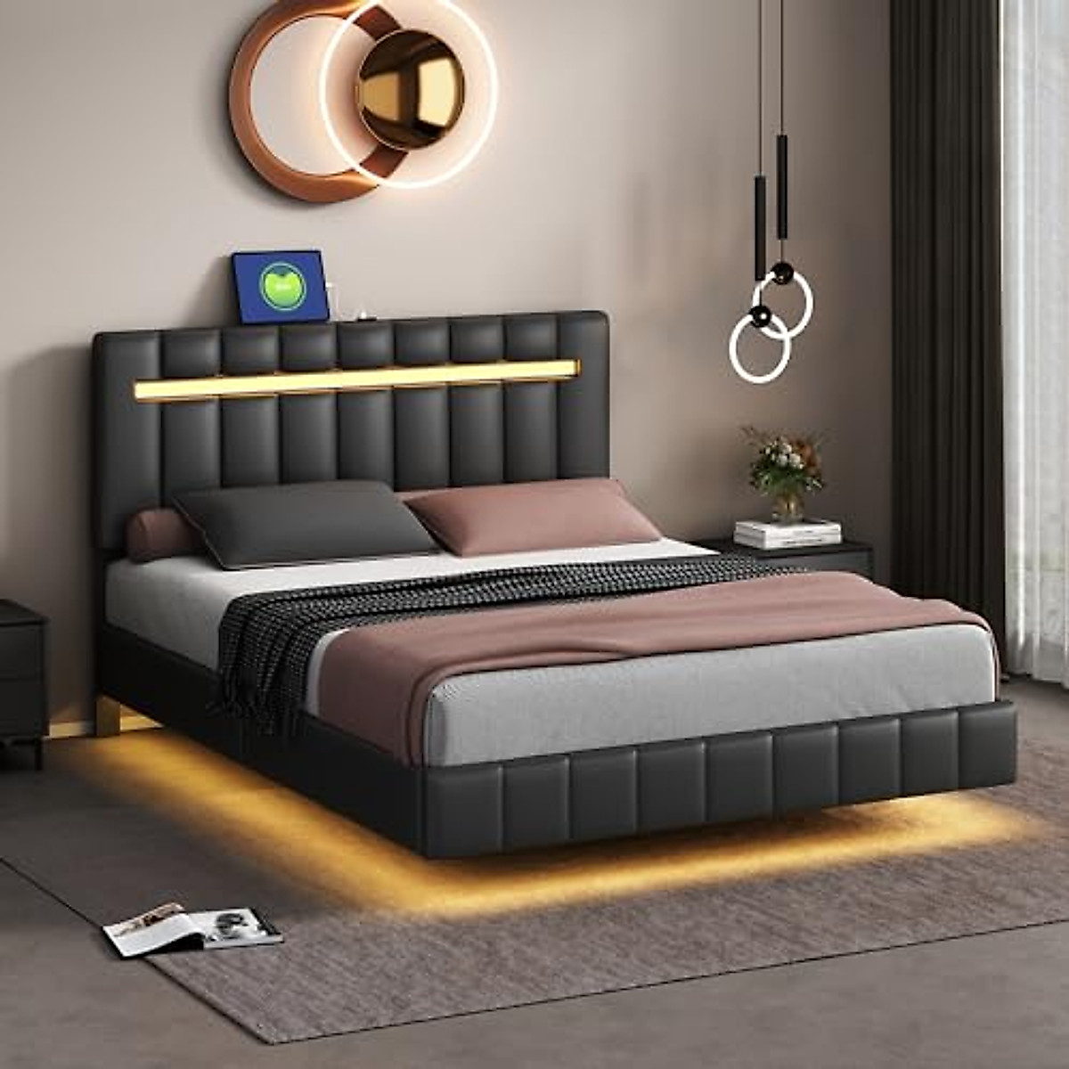 WADRI Modern Queen Size Upholstered Platform Bed, Full Size Floating Bed Frame with LED Lights and USB Charging, LED Bed Frame for Kids Teens Adults, No Box Spring Needed (Black + PU-79X)