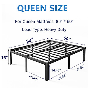 Nordicbed 16 Inch High Platform Queen Bed Frame No Box Spring Needed, Metal Bed Frame Queen Size, Noise Free, Easy Assembly, Heavy Duty, Black