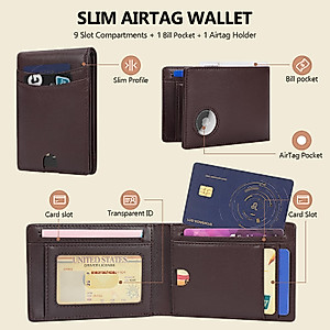 LAKIPETN AirTag Wallet Mens Slim Leather Bifold with Money Pocket RFID Blocking 8 Credit Card Slots | Bill Divider | ID Window | Wallets Holder Compatible with Apple Air Tag, with Gift Box