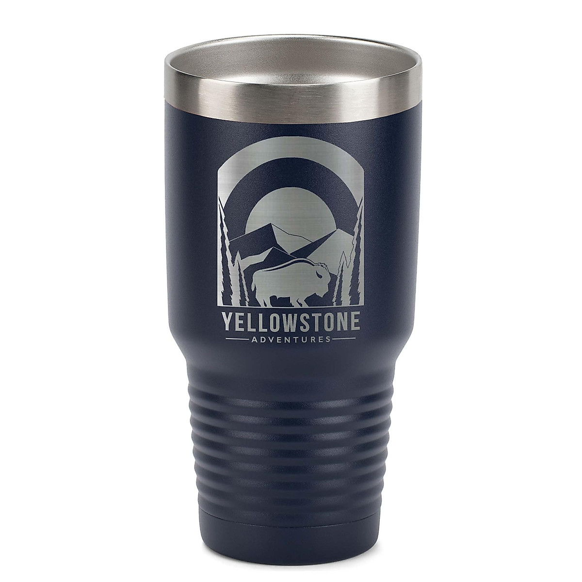 100 North, Polar Camel, United States National Parks, Navy Blue 30 Ounce, Stainless Steel, Vacuum Insulated Travel Tumbler Mug With Clear Lid, Yellowstone Adventures