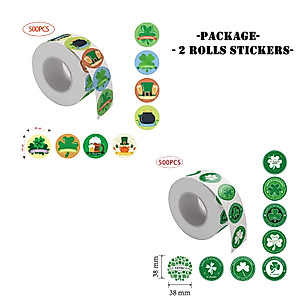 1000pcs St Patricks Day Stickers for Kids, 2 Pack Cute Shamrock Roll Stickers for Water Bottles St Patricks Day Decorations Decor for Envelopes Cards Bags Boxes Wrap Cards Party