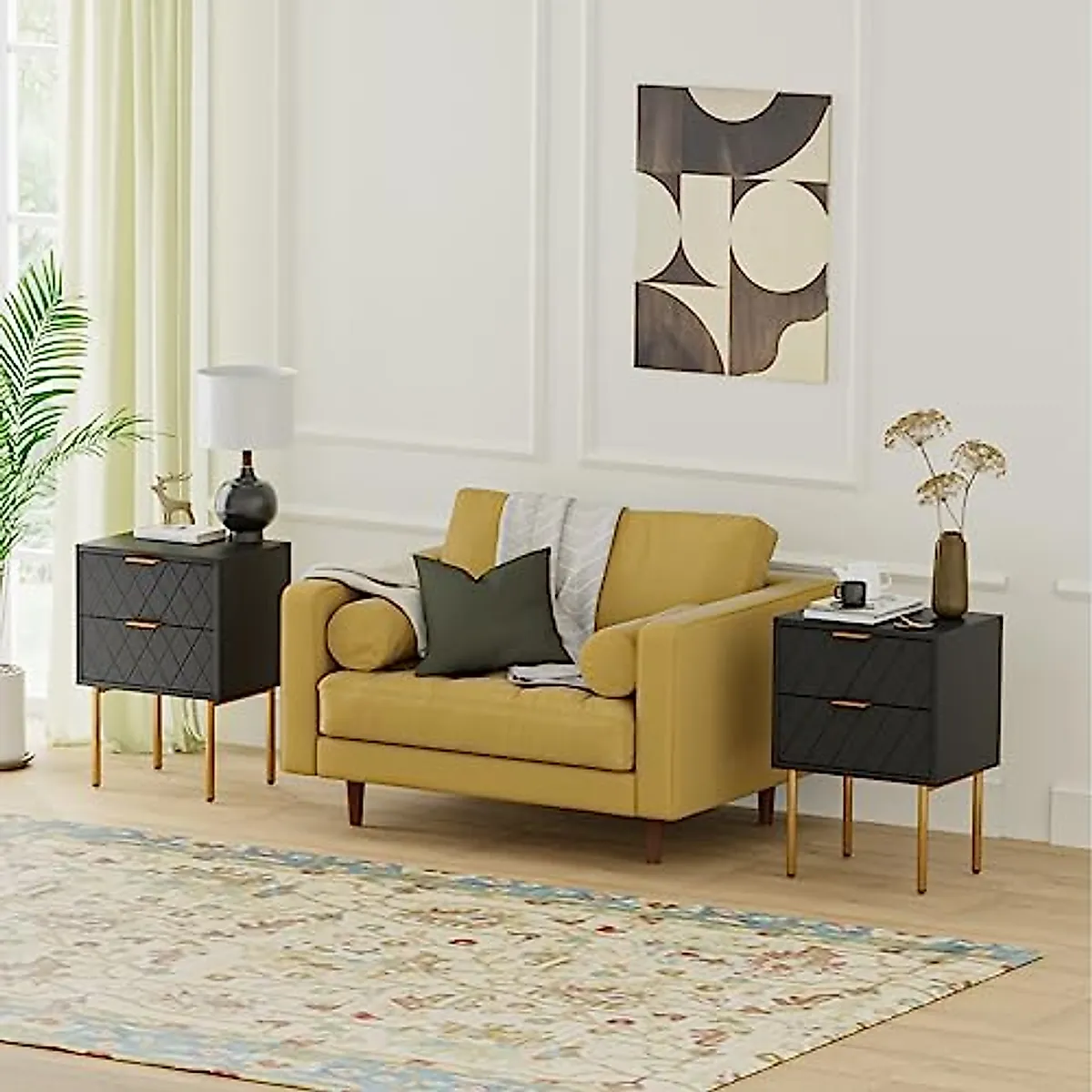 Aobafuir Night Stand, Modern Nightstand with Drawers, End Tables Living Room, Small Gold Side Table for Bedroom, Bedside Furniture (12-Black Diamond, 2 Drawer)